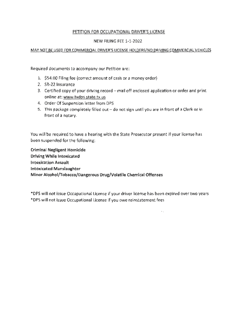 Fillable Online PETITION FOR OCCUPATIONAL DRIVER'S LICENSE NEW FILING ...