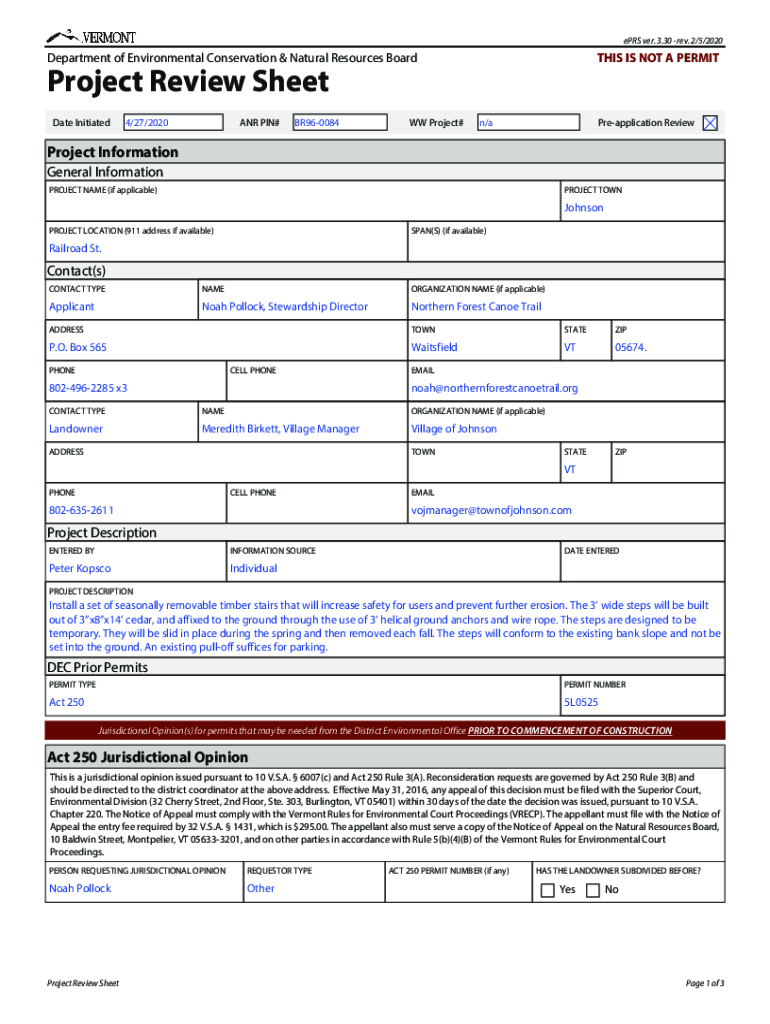Fillable Online Project Review Sheet - nrb.vermont.gov Fax Email Print ...
