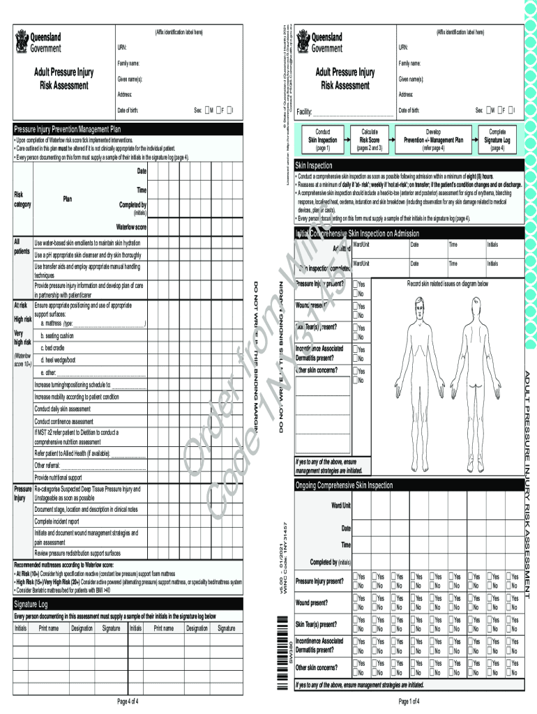 Fillable Online Adult Pressure Injury Risk Assessment FormQueensland ...