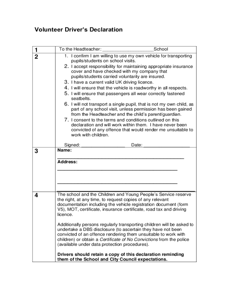 Fillable Online Volunteer Drivers Declaration Form For the Transport of ...