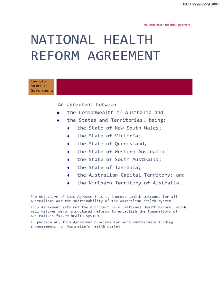 Fillable Online National Health Reform Agreement NATIONAL HEALTH REFORM ...