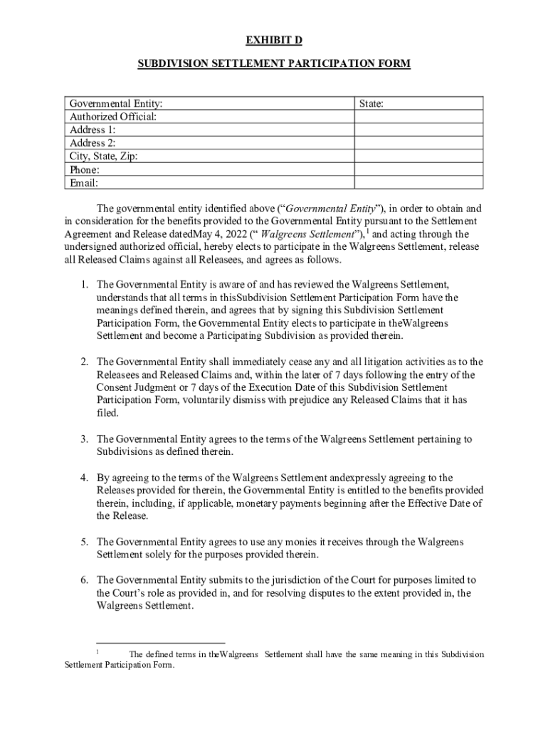 Fillable Online EXHIBIT D SUBDIVISION SETTLEMENT PARTICIPATION FORM ...