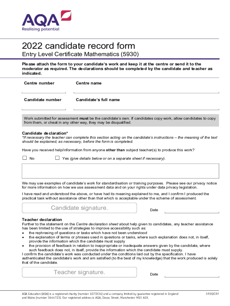 Fillable Online DOC Entry level certificate maths (5930) Candidate ...