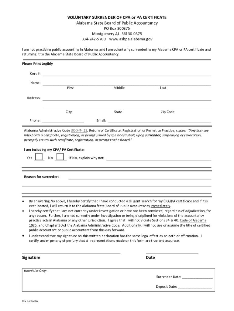 Fillable Online VOLUNTARY SURRENDER OF CPA or PA CERTIFICATE Alabama ...