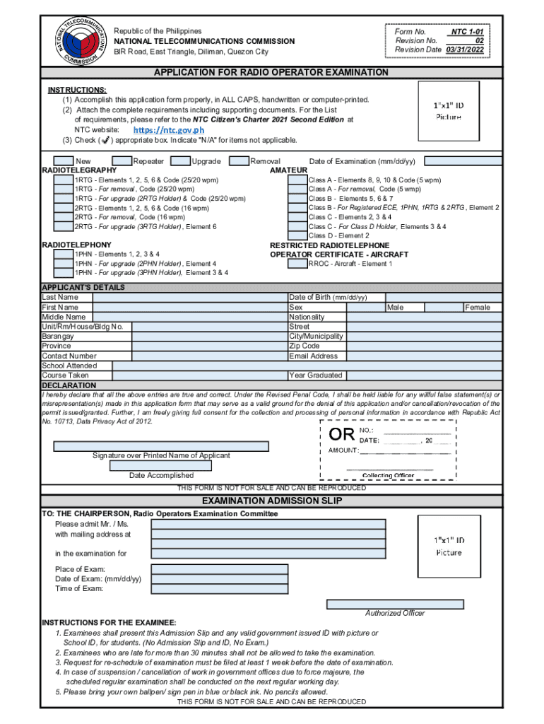 Fillable Online Form No. NTC 1-01 APPLICATION FOR RADIO OPERATOR ...