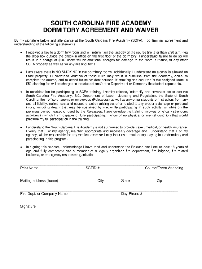 Fillable Online statefire.llr.sc.govscfapdfDORM AGREEMENT AND WAIVER ...