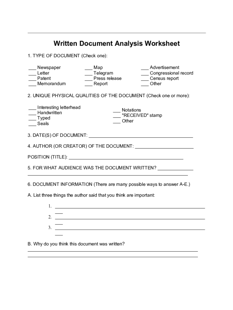 Fillable Online B1.pdf - Written Document Analysis Worksheet 1. TYPE OF ...