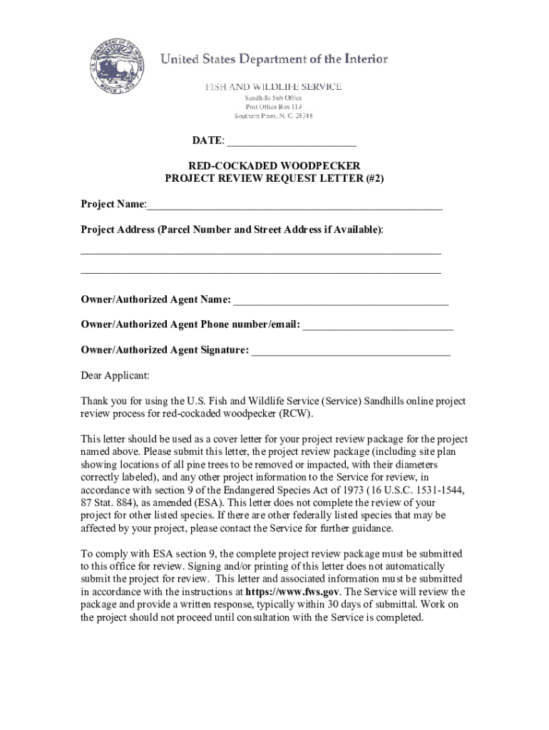 Fillable Online www.fws.govdocumentsRCWSelfCertLetter2DATE RED-COCKADED WOODPECKER PROJECT ...