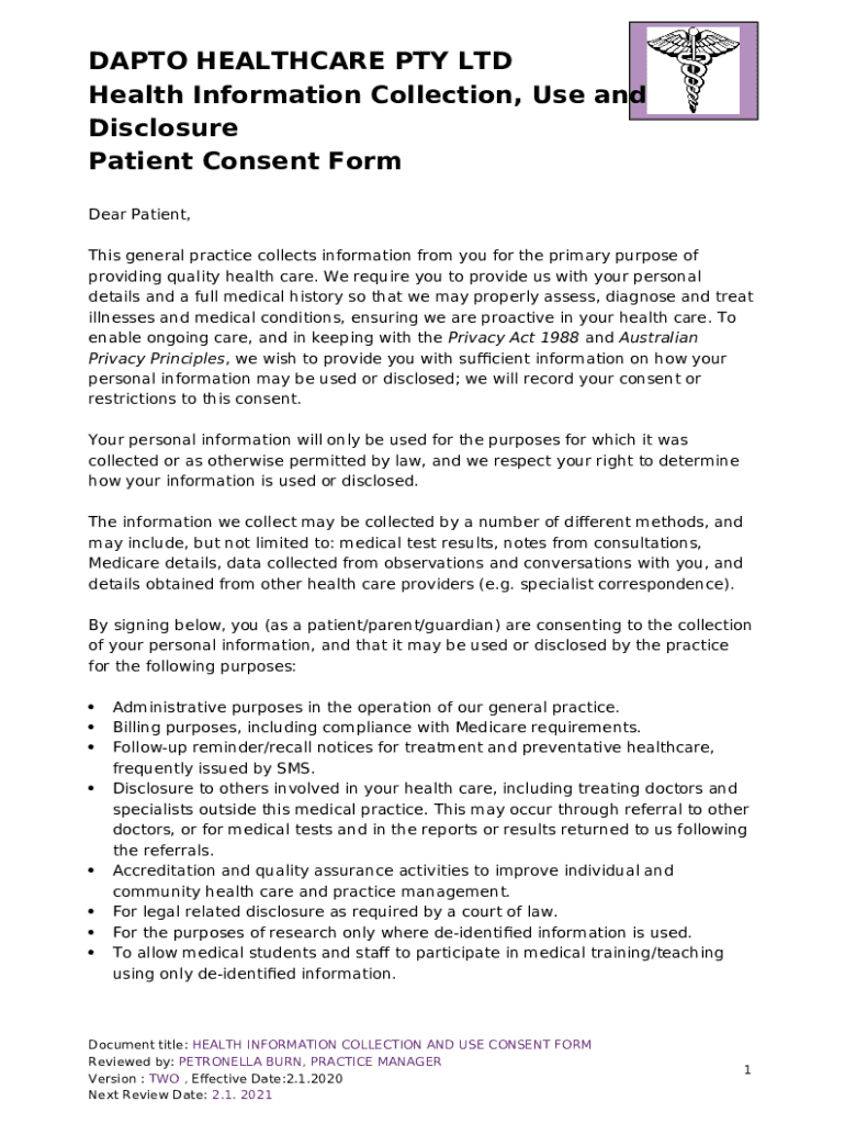 Health Ination Collection, Use and Disclosure Patient Consent Doc Template | pdfFiller