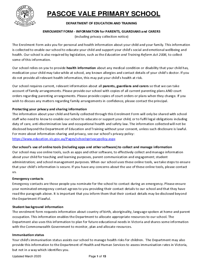 Fillable Online Student Enrolment Form - Pascoe Vale Primary School Fax ...