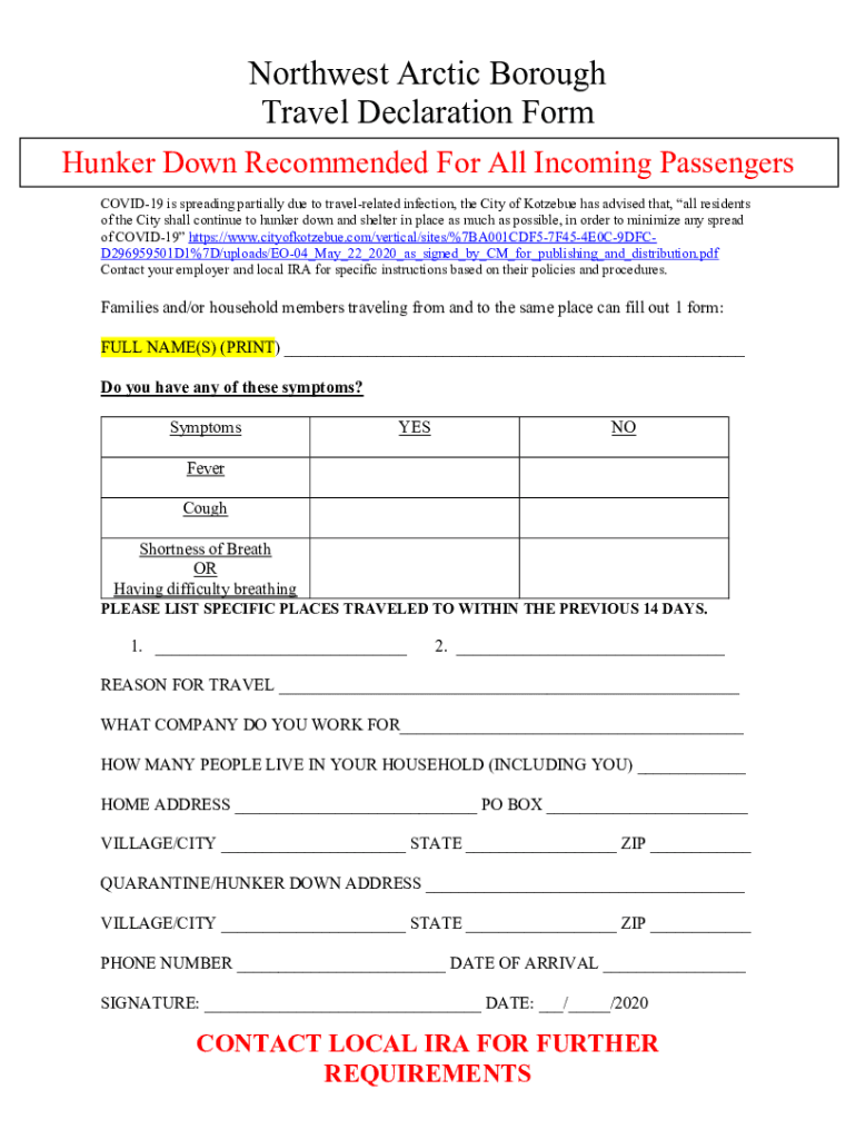 Fillable Online Northwest Arctic Borough Travel Declaration Form Fax Email Print - pdfFiller
