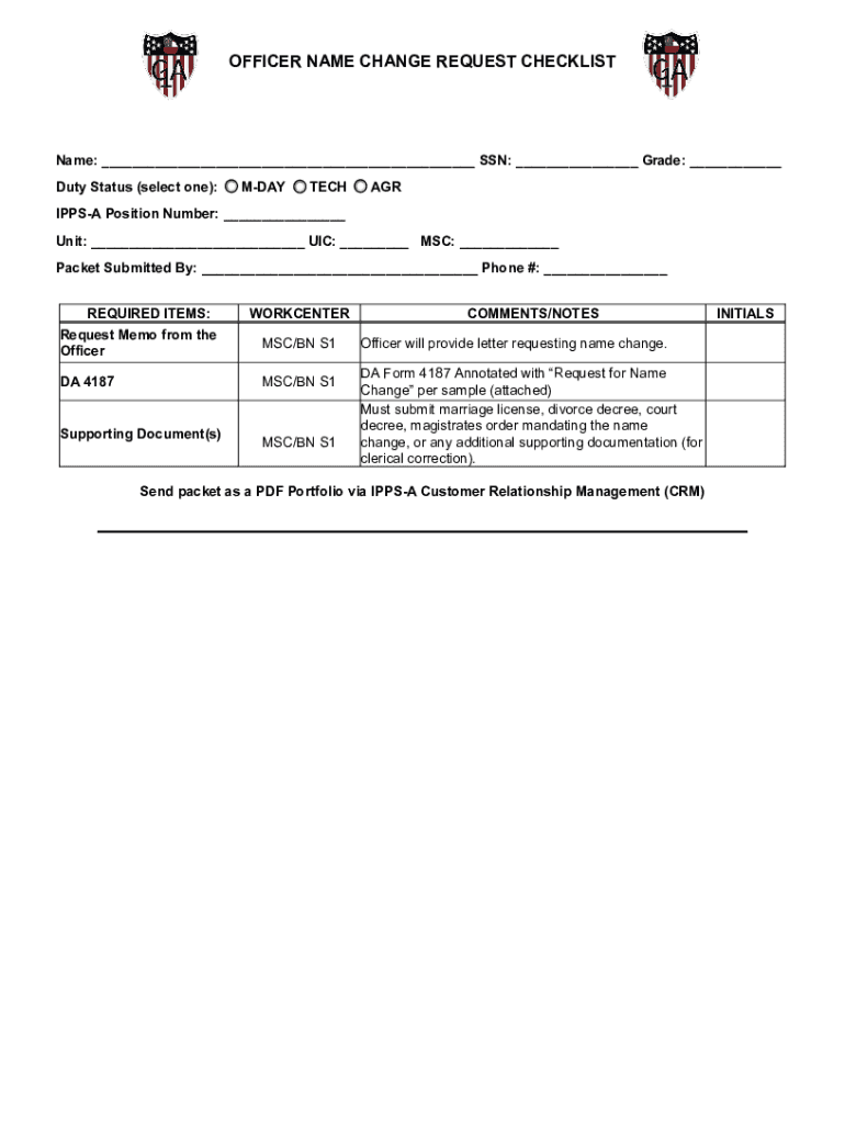 Fillable Online OFFICER NAME CHANGE REQUEST CHECKLIST Fax Email Print ...