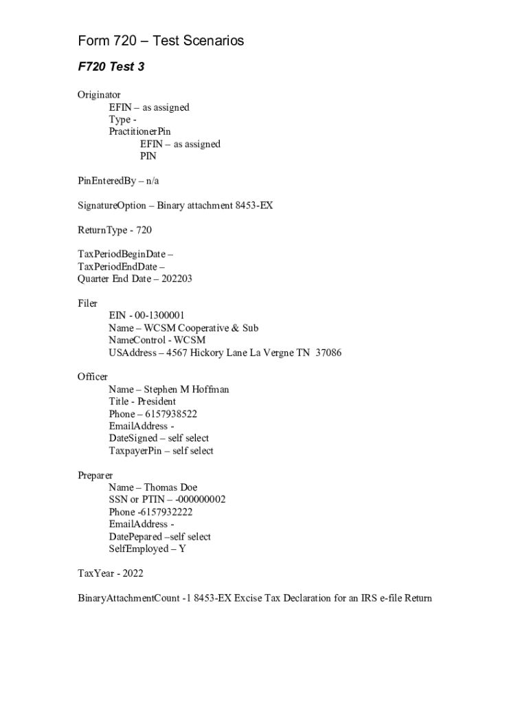 Fillable Online Form 720 Test Scenario 3 Tax Year 2022 - Internal ...