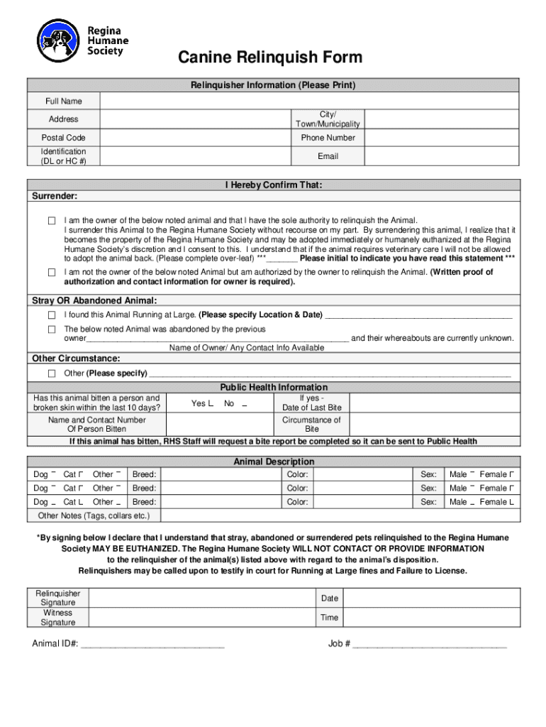 Fillable Online PDF Canine Relinquish Form - Regina Humane Society Fax ...