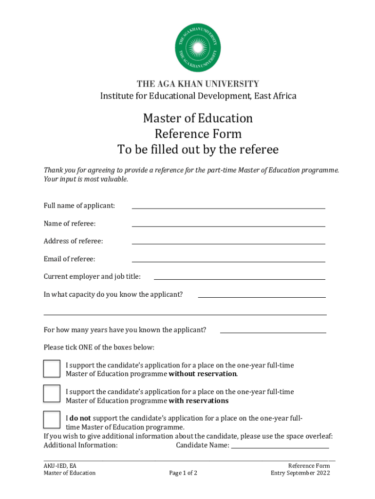 Fillable Online www.aku.edu reference-form-med-ea-ptMaster of Education ...