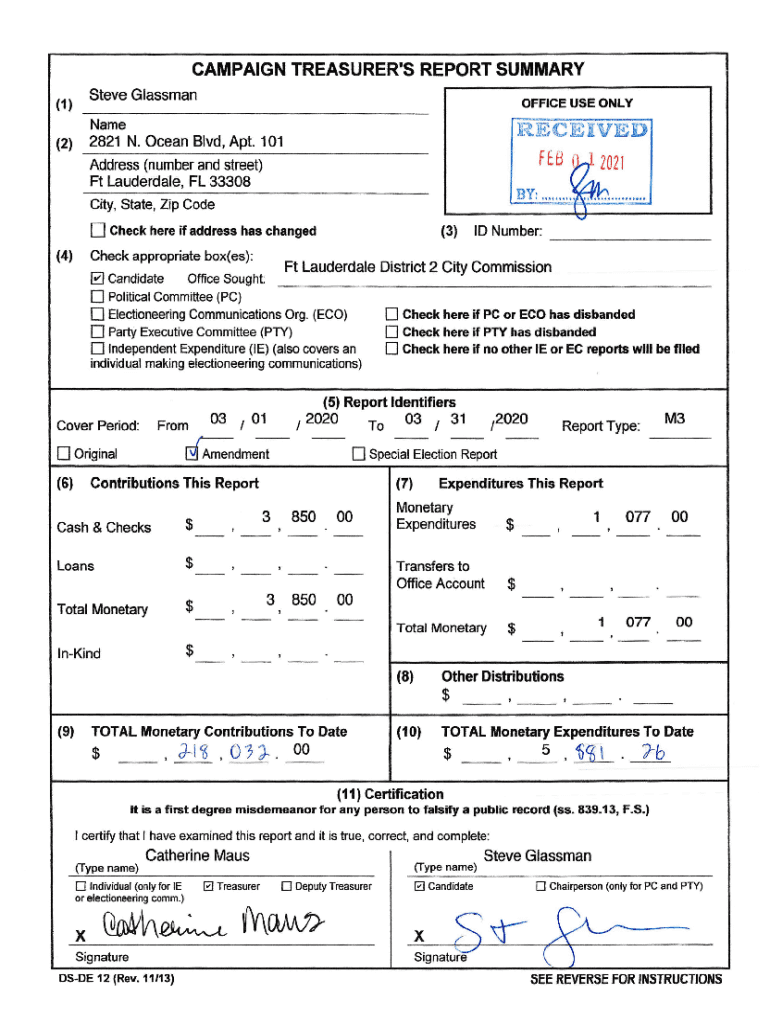 Fillable Online Campaign Treasurer's Report Summary. M3 Report 03-01-20 ...