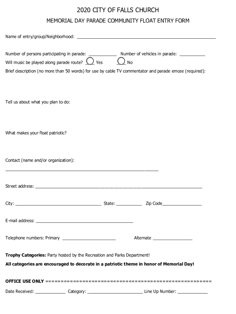 Fillable Online Deadline for Entries: Falls Church Memorial Day Float ...