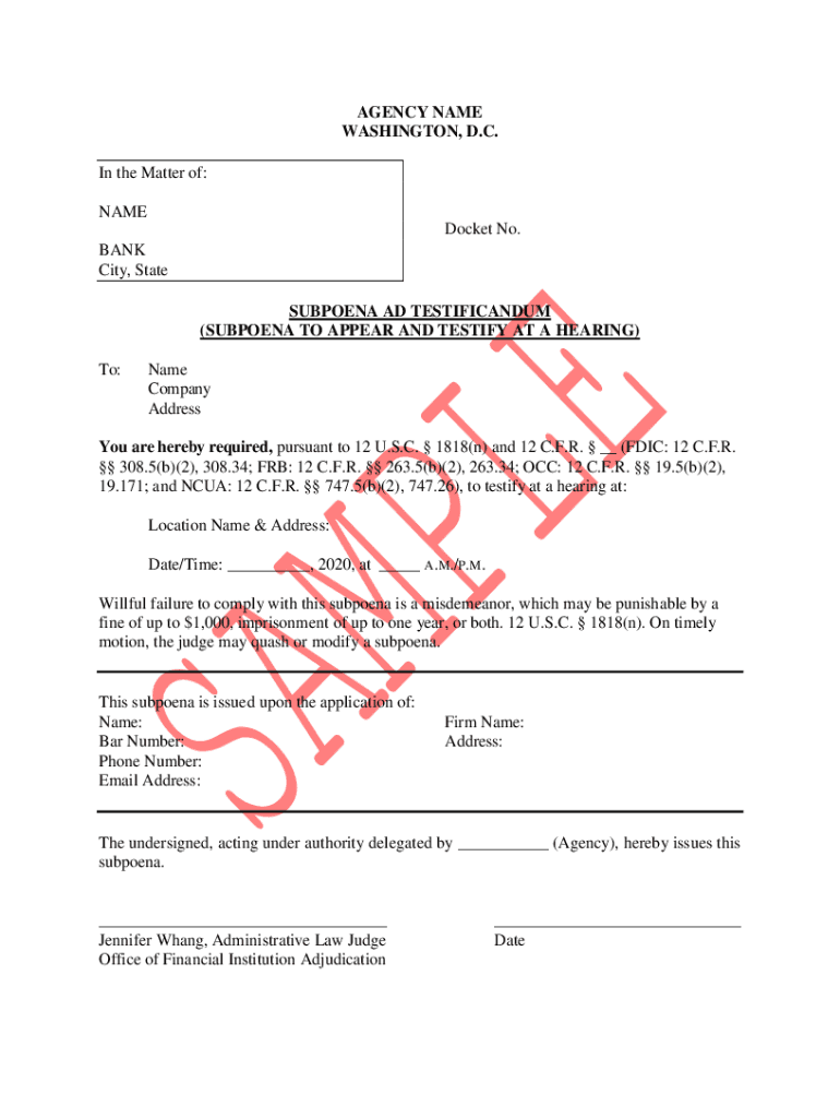 Fillable Online Sample Subpoena to Appear and Testify at a Hearing Fax ...