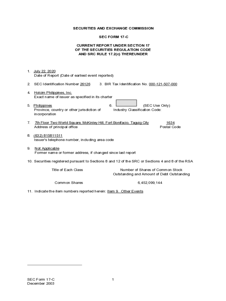 Fillable Online SECURITIES AND EXCHANGE COMMISSION SEC FORM 17-C ...
