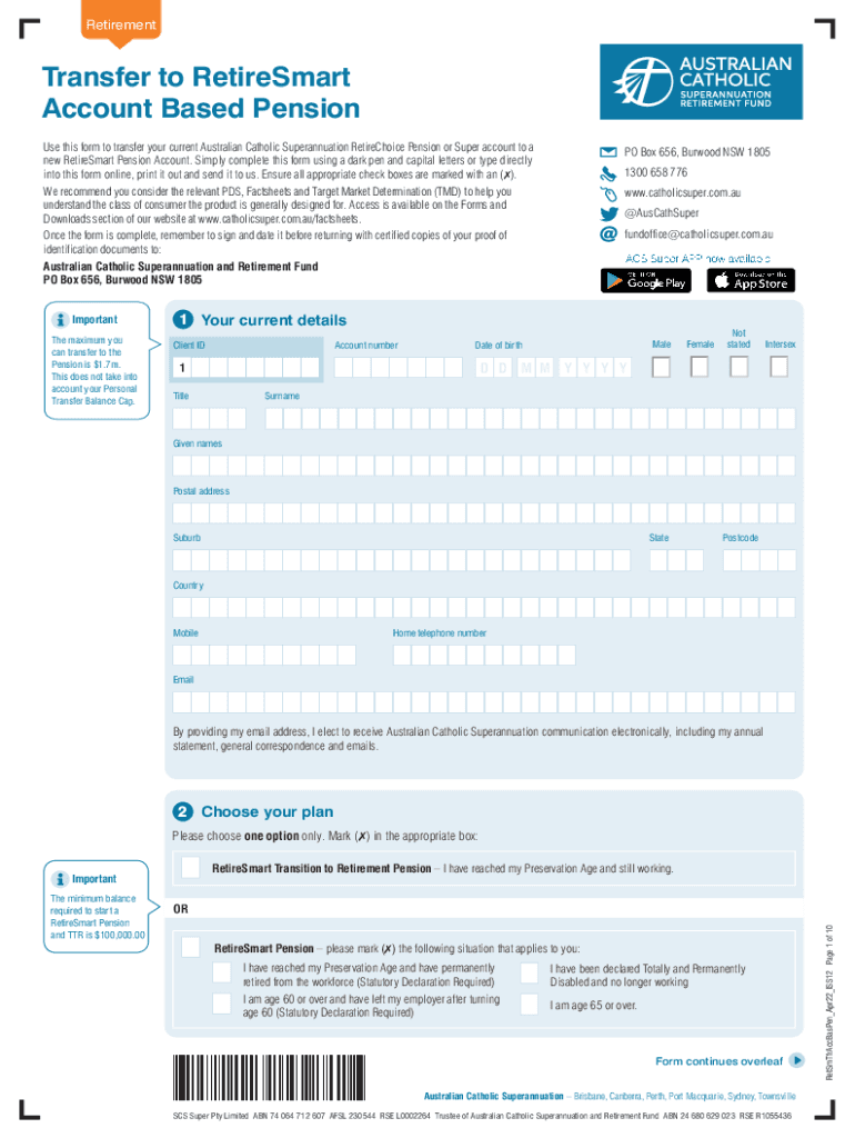 Fillable Online Transfer to retiresmart account based pension form ...