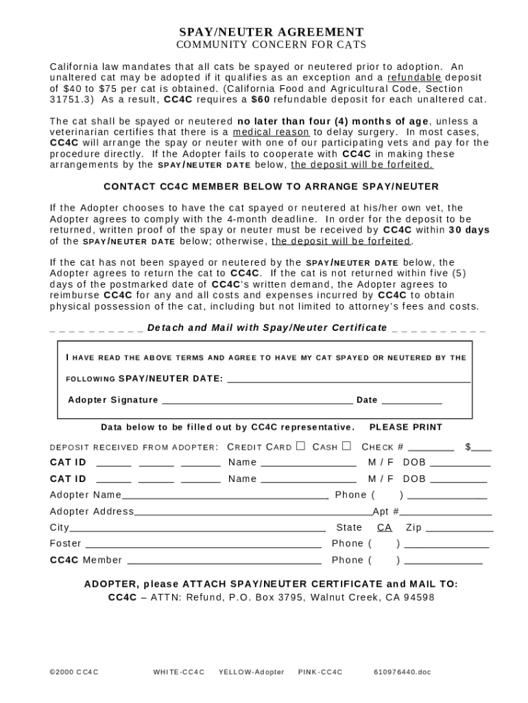 Spay / Neuter Agreement Doc Template | pdfFiller