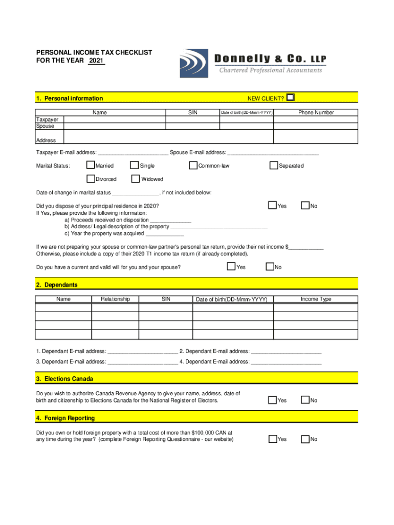 Fillable Online Personal Income tax return Checklist for returning ...