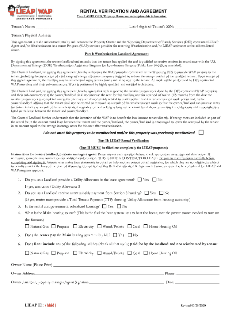Fillable Online RENTAL VERIFICATION AND AGREEMENT - Wyoming Low Income ...