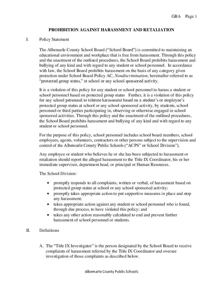 Fillable Online esb k12albemarle GBA PROHIBITION AGAINST HARASSMENT AND ...