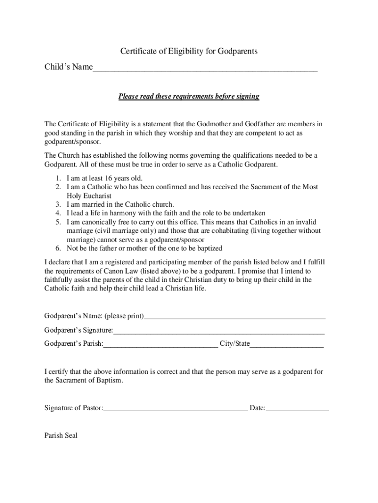 Fillable Online Baptism Godparent Certificate of Eligibility and Intent ...
