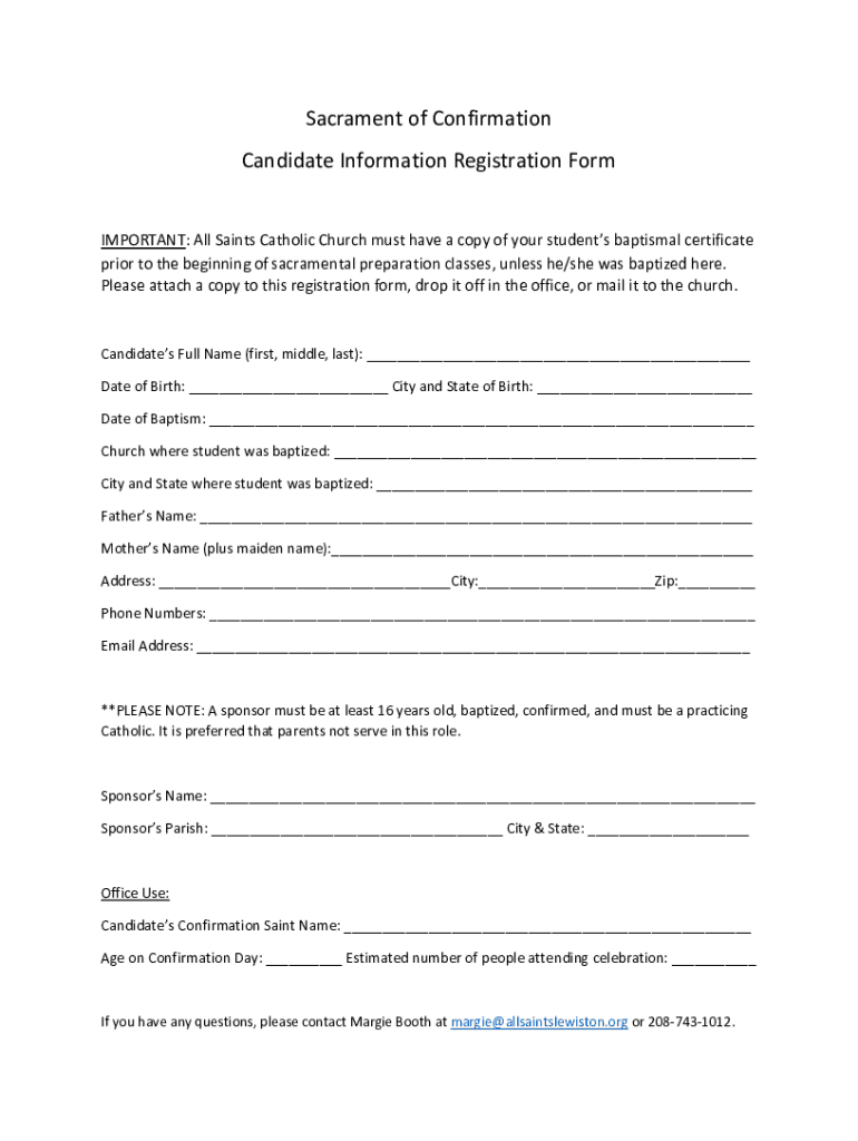 Fillable Online Sacrament of Confirmation Candidate Information ...