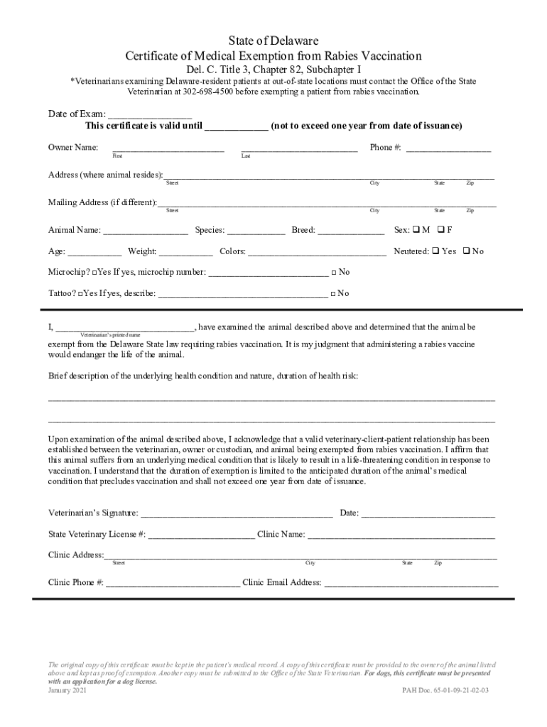Fillable Online State of Delaware Certificate of Medical Exemption from ...