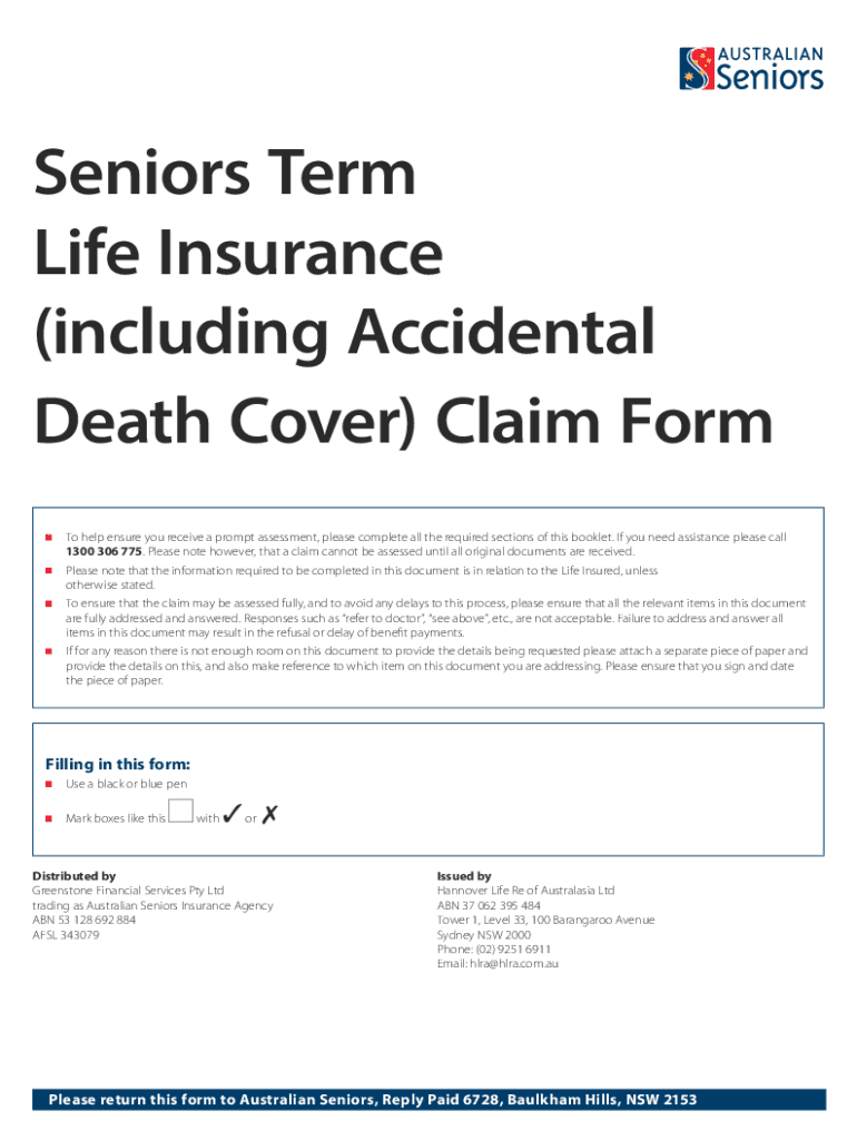 Fillable Online Seniors Term Life Insurance (including Accidental Death ...
