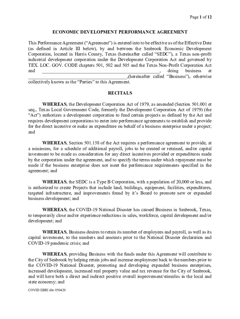 Fillable Online ECONOMIC DEVELOPMENT PERFORMANCE AGREEMENT This ... Fax Email Print - pdfFiller
