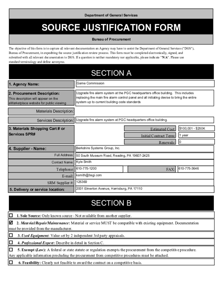 Fillable Online Sole Source Justification Form -Berkshire. Sole Source ...