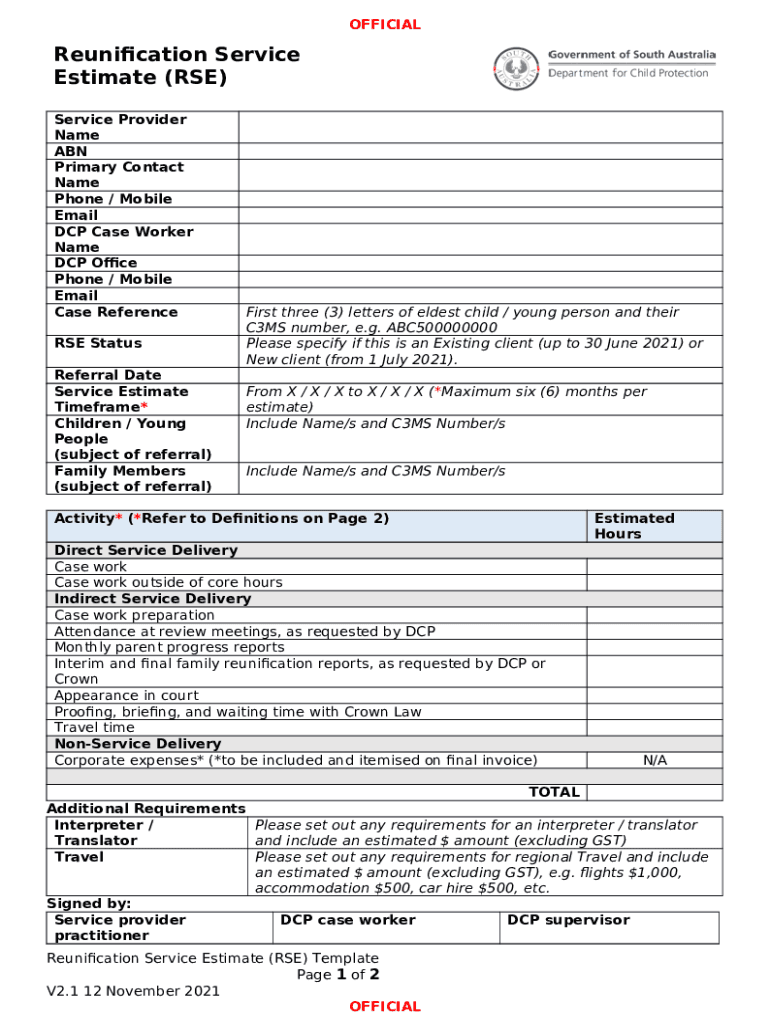 Reunification service estimate template Doc Template | pdfFiller
