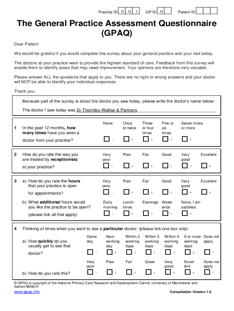 Fillable Online The General Practice Assessment Questionnaire (GPAQ ...