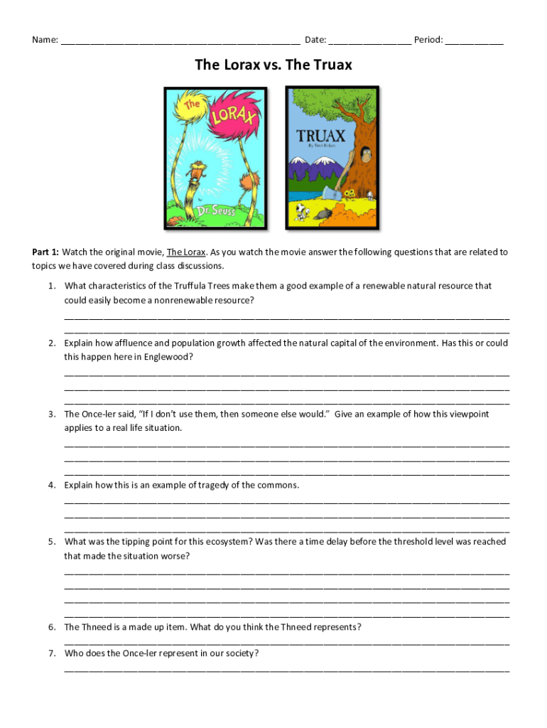 Fillable Online www.coursehero.comfile90456827The Lorax worksheet.pdf ...