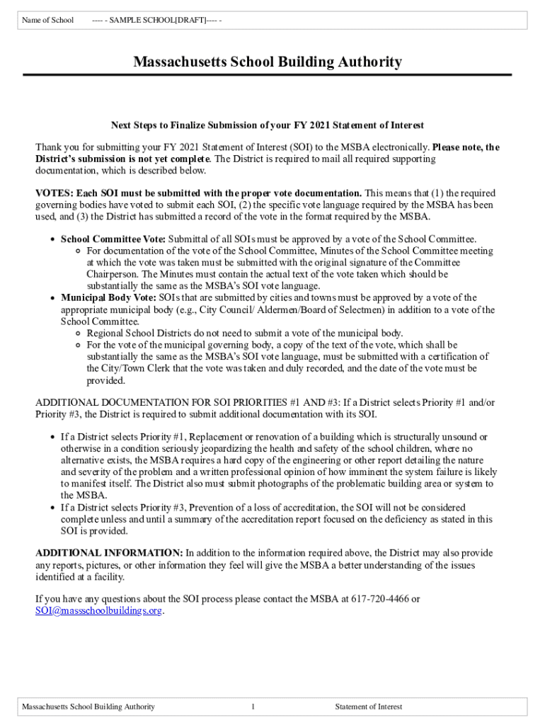 Fillable Online Draft of High School Statement of Interest for MSBA ...