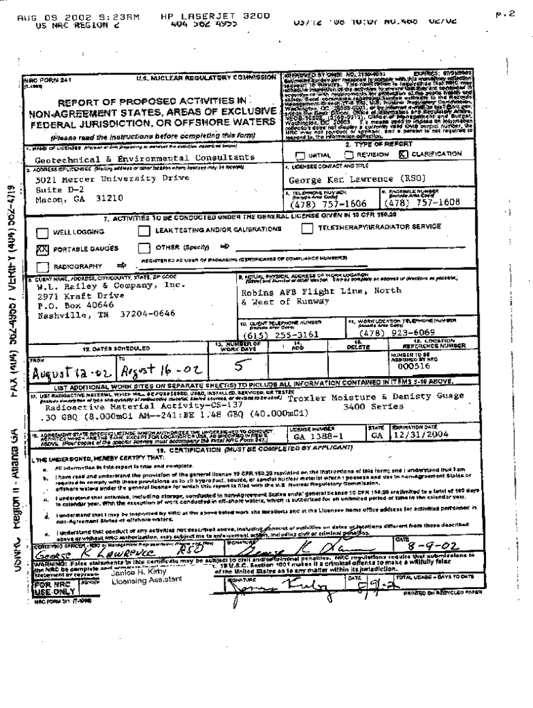 Fillable Online Clarified NRC Form 241, 'Rept of Proposed Activities in ...