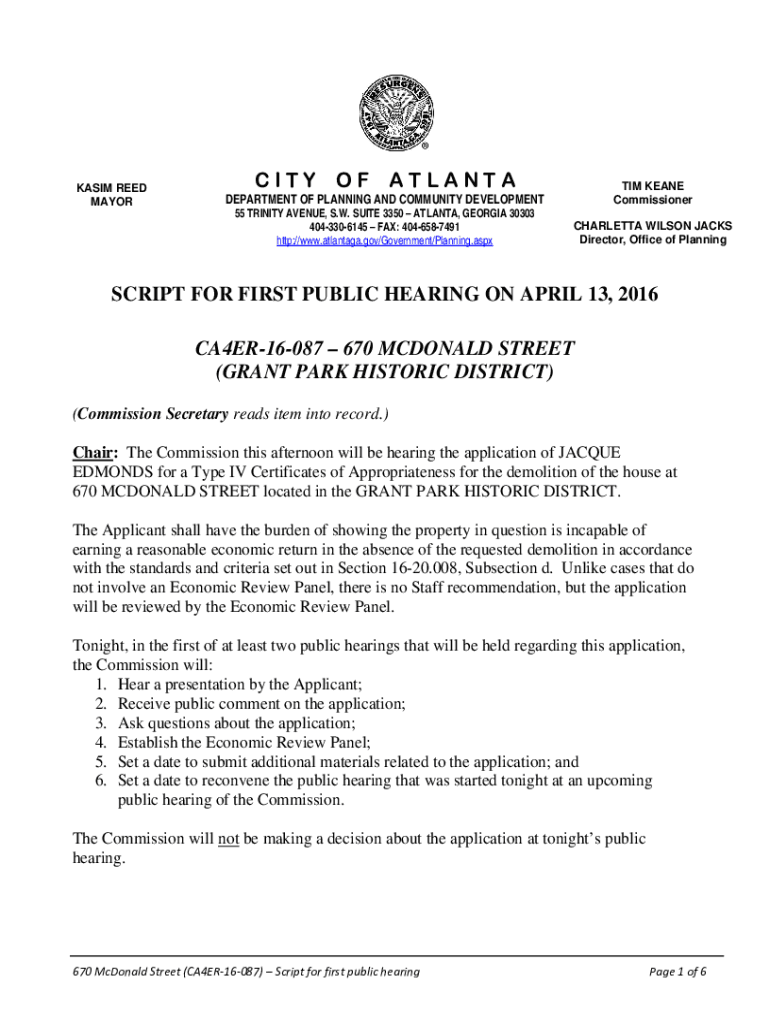 Fillable Online C I T Y O F A T L A N T A SCRIPT FOR FIRST PUBLIC ...