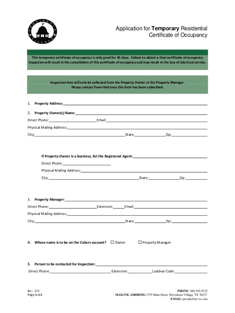 Fillable Online Application for Temporary Residential Certificate of ...
