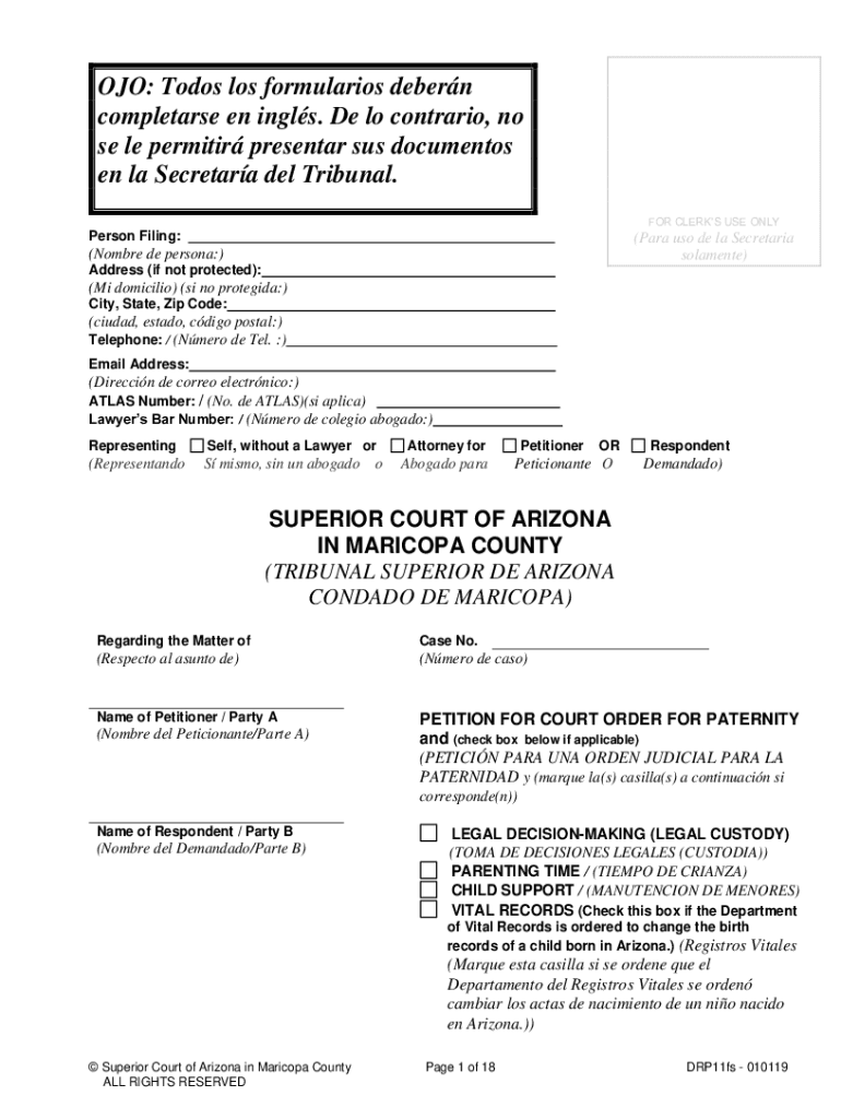 Fillable Online superiorcourt maricopa PETICIN PARA UNA ORDEN JUDICIAL PARA LA PATERNIDADTOMA DE ...
