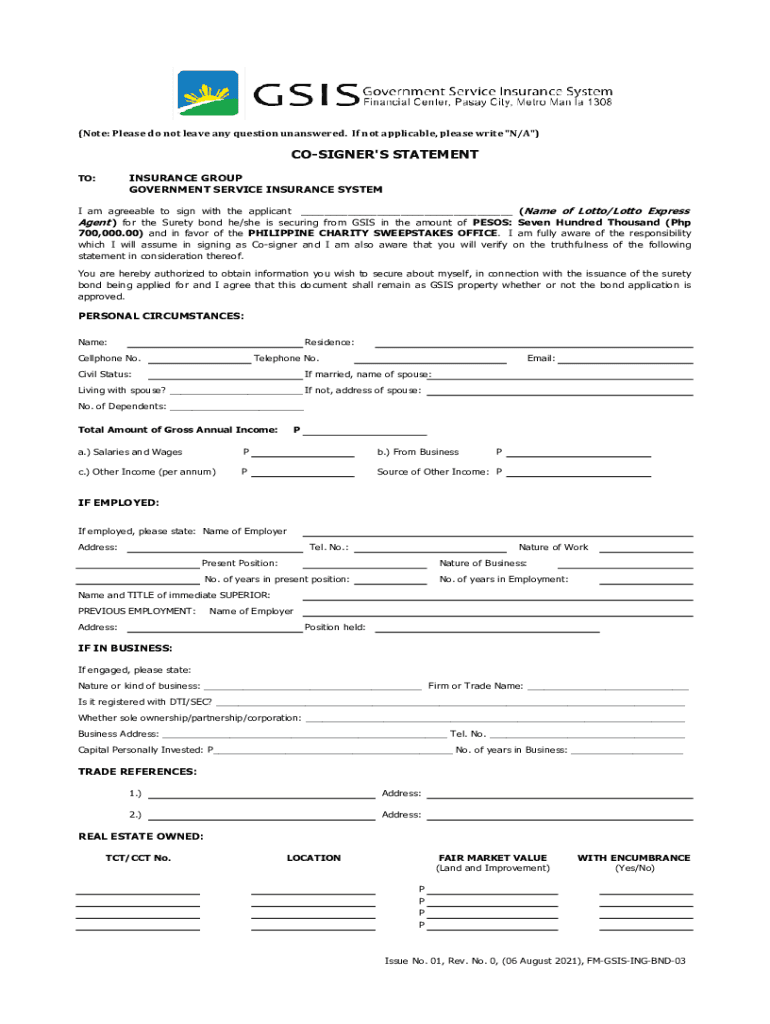 Fillable Online CO-SIGNER'S STATEMENT - Government Service Insurance ...