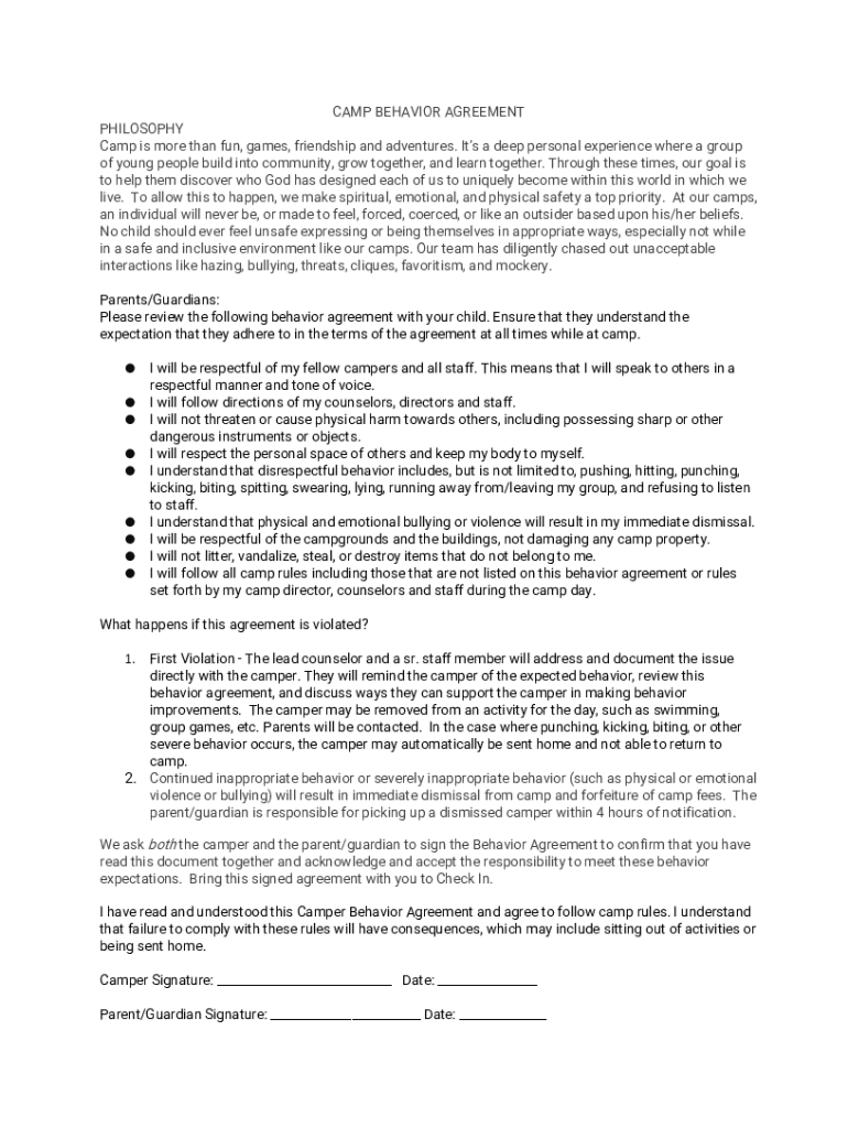 Fillable Online OM - CAMP BEHAVIOR AGREEMENT Fax Email Print - pdfFiller