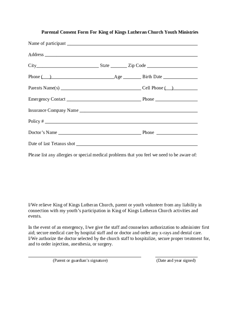 Parental Consent For Calvary Lutheran Youth Ministries Doc Template ...