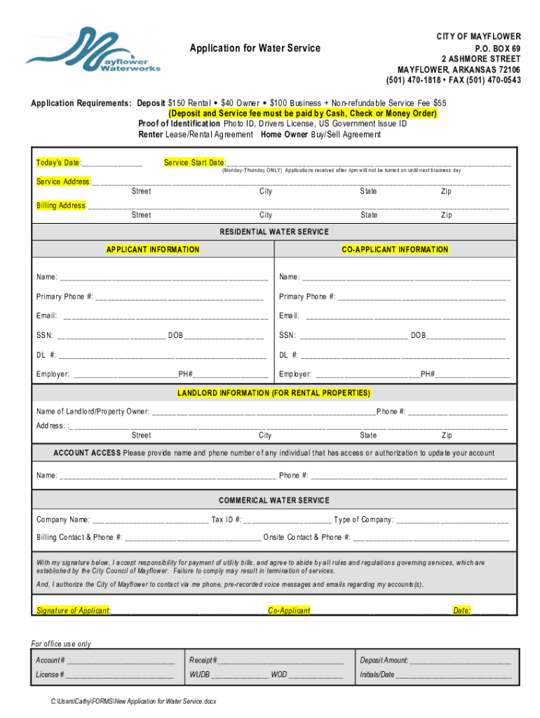 Fillable Online cityofmayflower.com05APPLICATIONWaterCITY OF MAYFLOWER ...