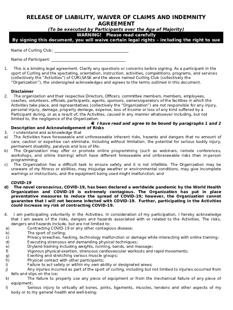 RELEASE OF LIABILITY, WAIVER OF CLAIMS AND INDEMNITY AGREEMENT (To be ...