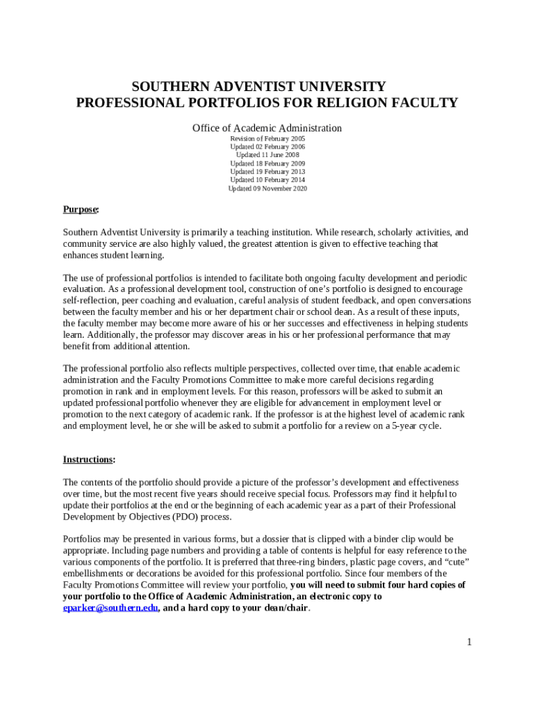 SOUTHERN ADVENTIST UNIVERSITY PROFESSIONAL PORTFOLIOS FOR RELIGION ...