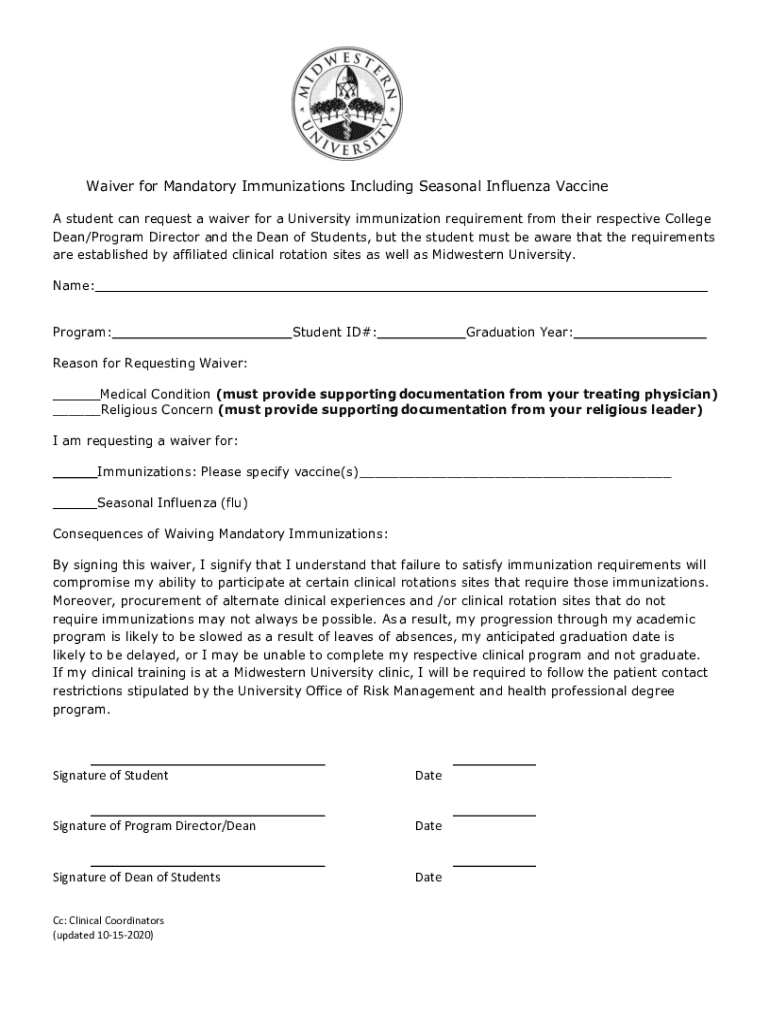 Fillable Online PDF Waiver for Mandatory Immunizations Including ...