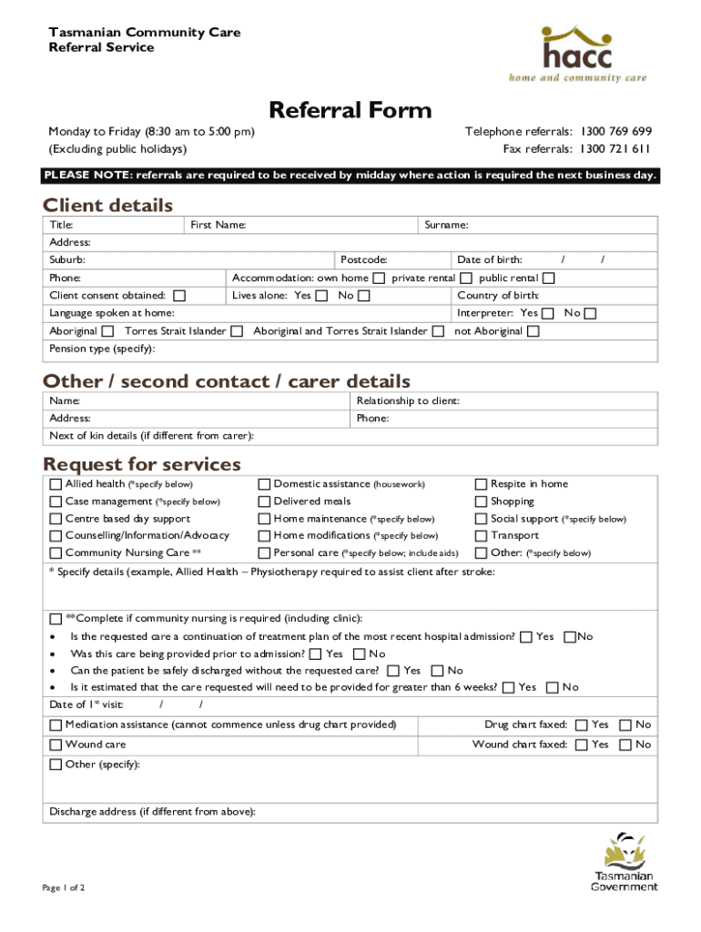 Fillable Online Tasmanian Community Care Referral Service - Referral ...
